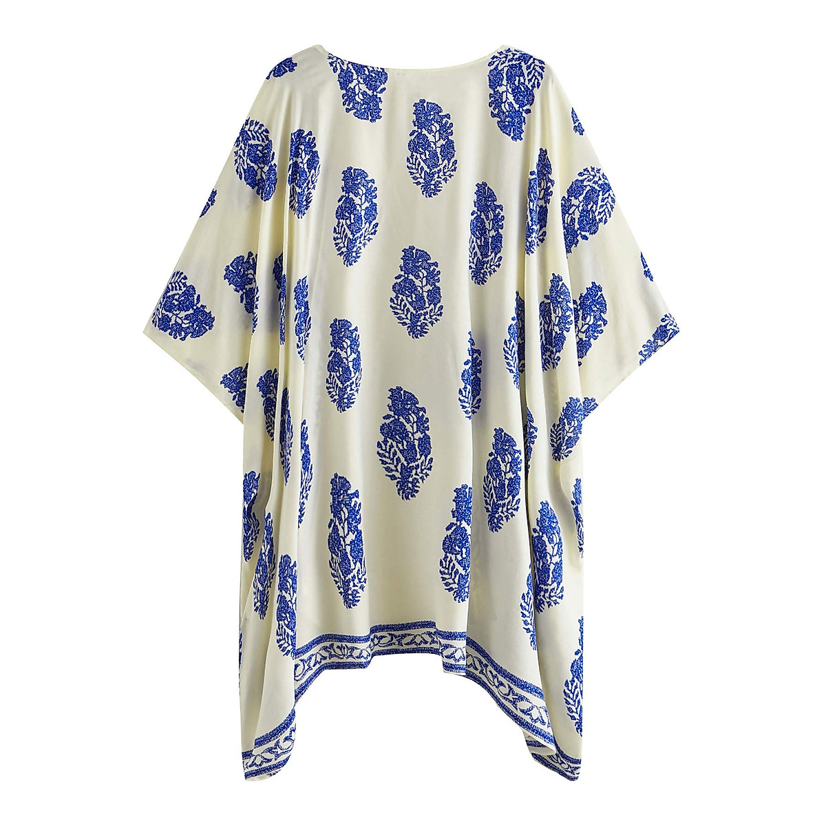SweatyRocks Women Kimono Vintage Floral Beach Cover Up Blue White X-Large