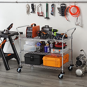 Finnhomy 3-Tier Commercial Grade Rolling Cart, Heavy Duty Utility Cart, Carts with Wheels and Handles, Kitchen Cart on Wheels, Metal Serving Cart with 600 lbs Capacity, Shelf Size 24" D x 40" W, NSF