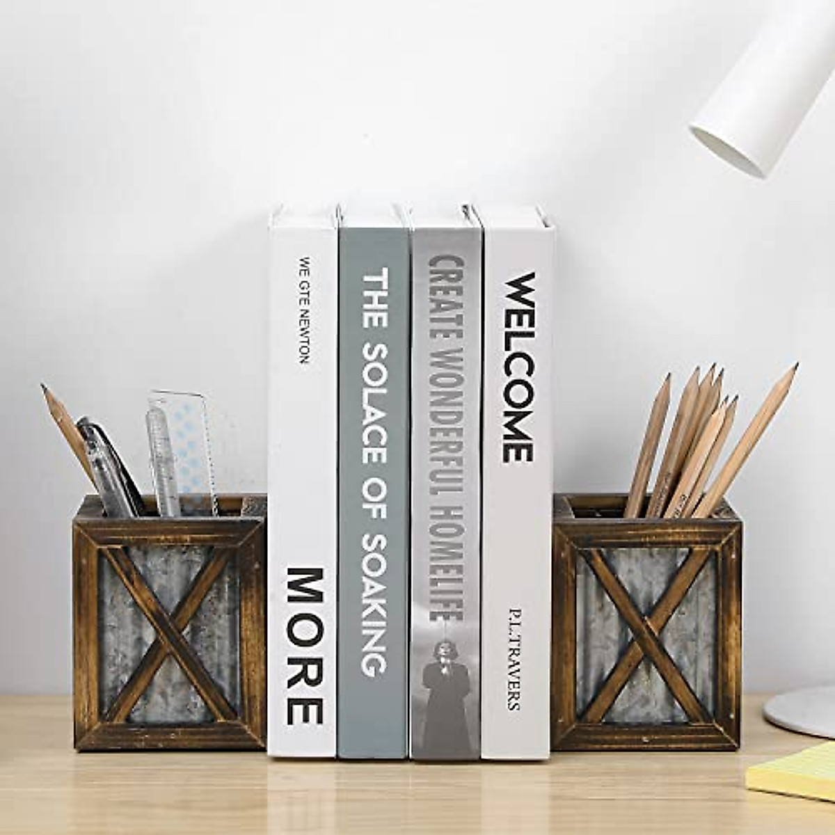 MyGift Rustic Burnt Wood Decorative Bookends, Wooden and Galvanized Metal Desktop Book Stands with Pen Holder Pencil Cup Stationery Storage Bins, 1 Pair