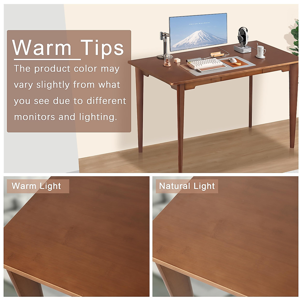 Maydear 47" Bamboo Multipurpose Study Writing Desk with Drawer, Modern Simple Computer & Laptop Table Dining Table for Bedroom, Living Room, Home and Office, Kitchen，Walnut