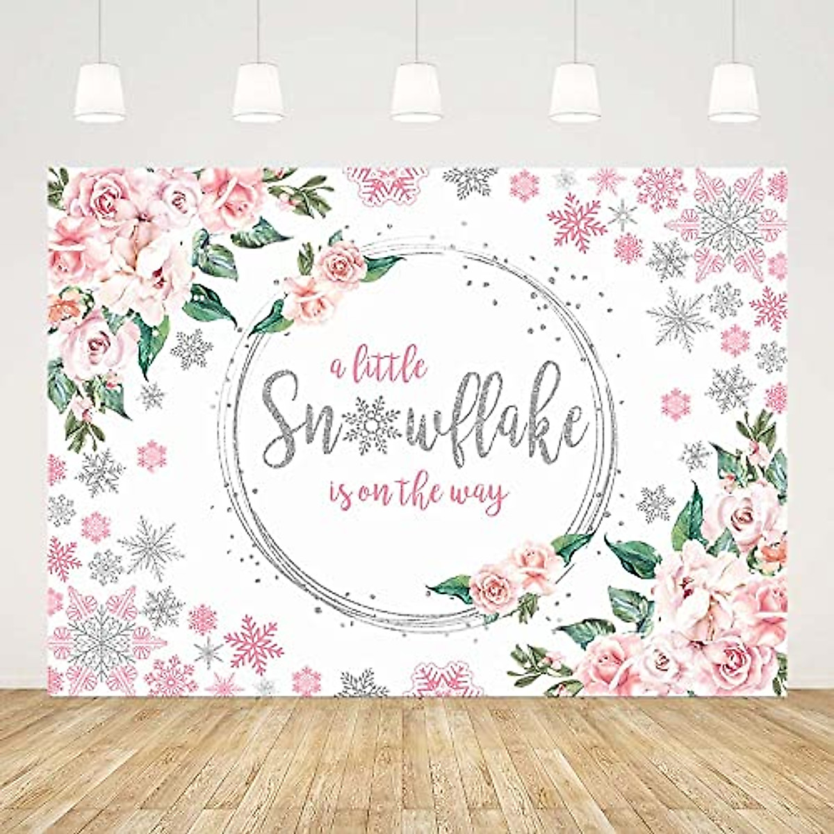 AIBIIN 7x5ft Winter Baby Shower Backdrop for Girl A Little Snowflake is On The Way Baby Shower Decorations Pink Silver Snowflakes Photography Background Banner Photo Props