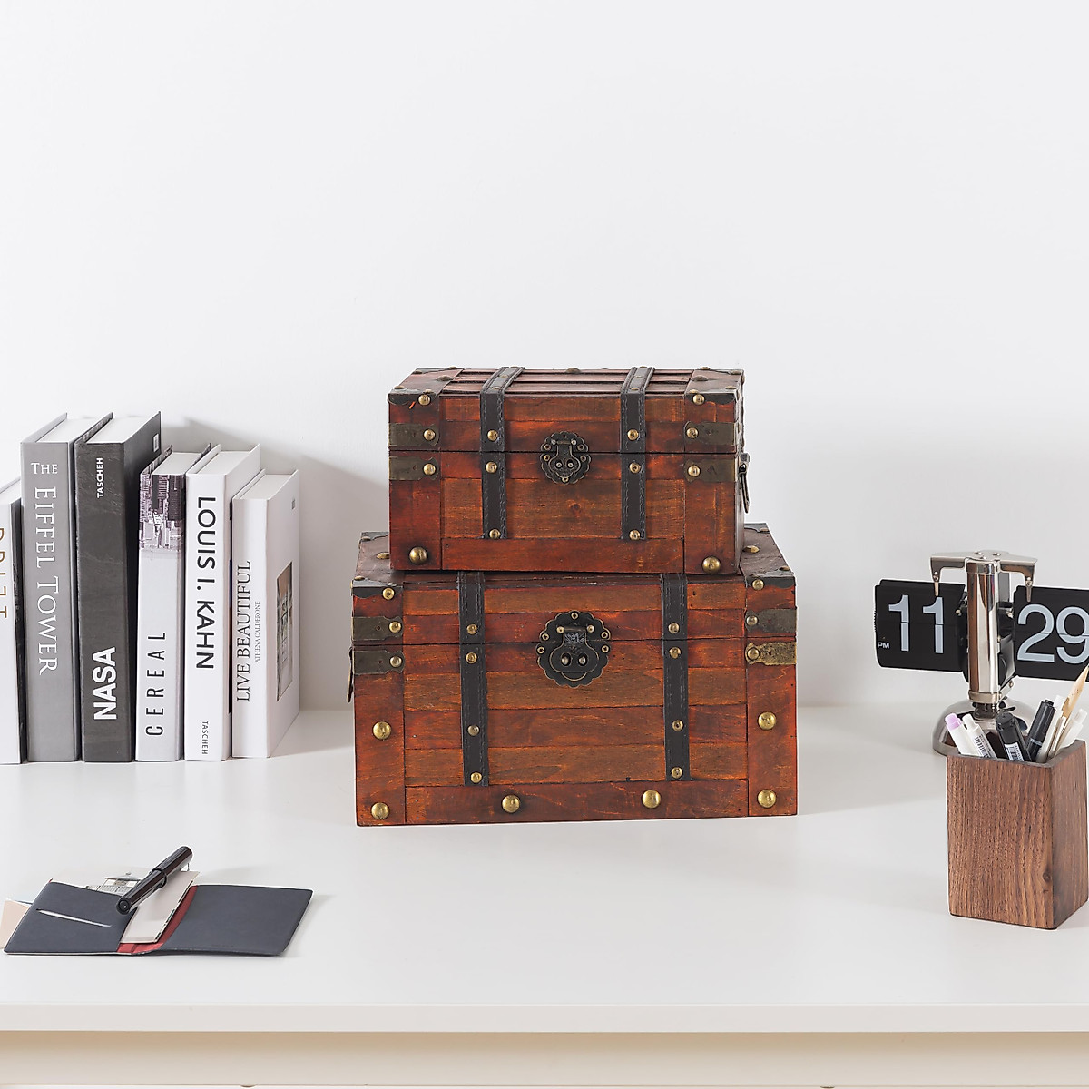 Soul & Lane Marquise Wooden Chest Duo - Elegant Wood Storage Trunks with Lids & Vintage Charm (Set of 2), Antique Versatile Organizational Decor for Home & Office