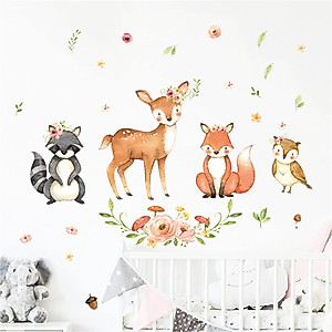 ROFARSO Cute Cartoon Lovely Woodland Animal Wall Sticker for Kid Removable Raccoon Deer Fox Owl Wall Decal DIY Decoration for Nursery Baby Boy Girl Bedroom Playroom Living Room