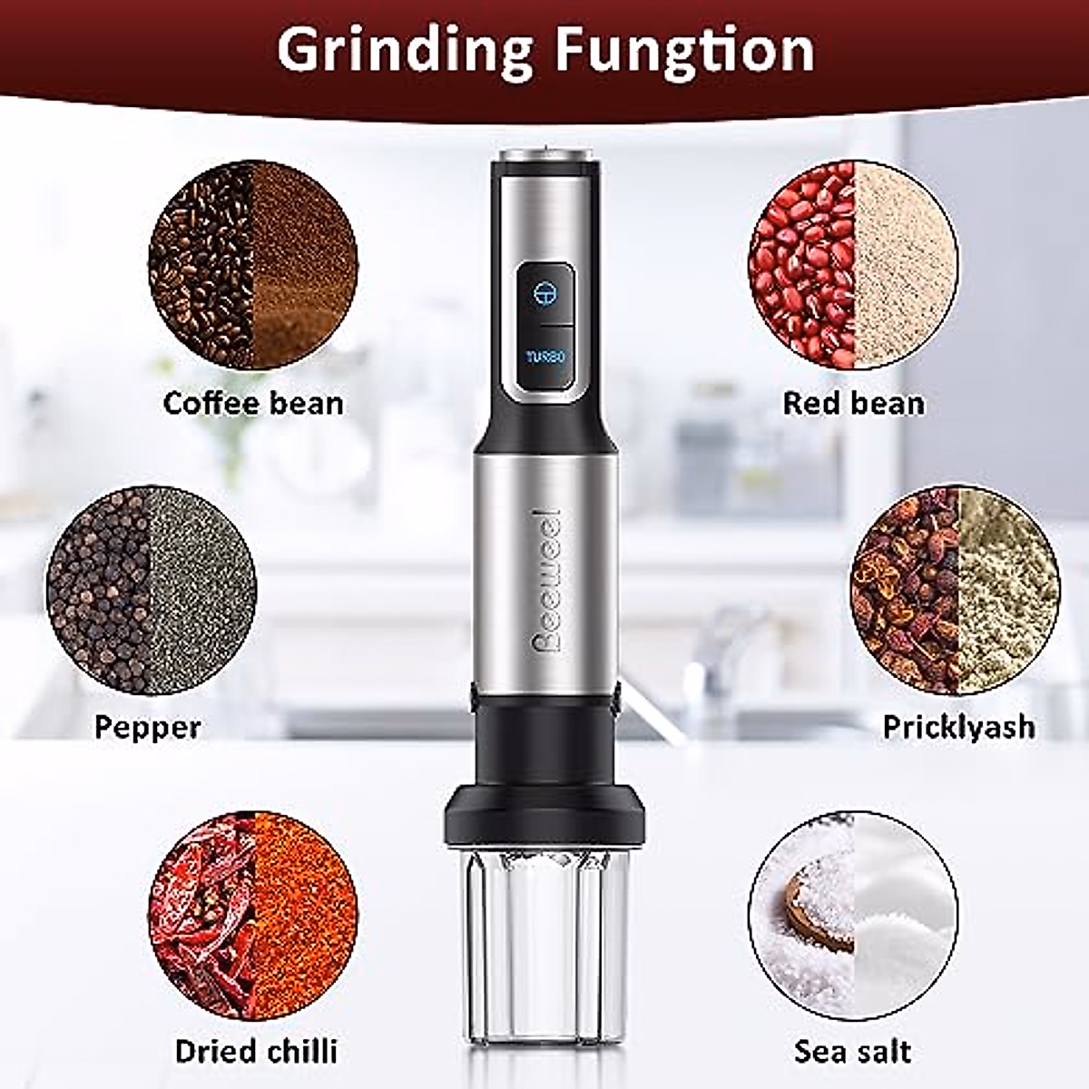 BEEWEEL Immersion Blender - 800 Watts Scratch Resistant Hand Blender, 15 Variable Speeds & Turbo Hand Mixer, 4-in-1 Heavy Duty Copper Motor Handheld Blender with Egg Whisk,Chopper and Coffee Grinder