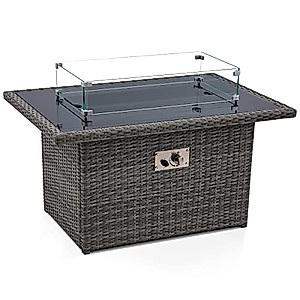 Rectangular Fire Pit Table, 40 inch Propane Fire Pit Table, PE Wicker, Fire Stone Wind Guard Rain Cover Included, Hidden Tank Holder, Black Tempered Glass Tabletop, 55,000 BTU