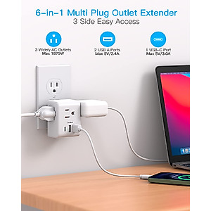 Multi Plug Outlet Extender, Power Strip Non Surge Protector Electric Outlet Splitter with 3 USB Wall Charger (1 USB C), Multiple Outlet Expander for Cruise, Dorm, Travel, Home, Office