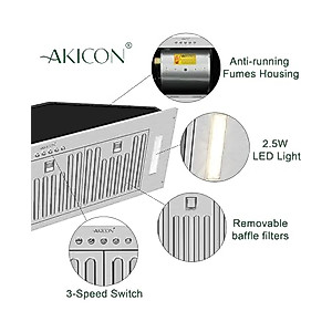 Akicon 30 Inch Range Hood Insert, Ultra Quiet Stainless Steel Ducted Insert/Built-in Kitchen Vent Hood with Powerful Suction, LED Lights and Dishwasher Safe Filters, 3-Speeds 600 CFM