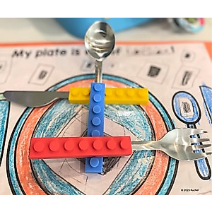 Rucher Interlocking Brick Utensils for Children. 3-Piece Fun Interlocking Block Set of Spoon Fork and Knife. Stainless Steel Toy Silverware Set for Home, Lunch Box, Travel or Birthday.