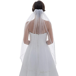 SAMKY 1T 1 Tier Offset Flower Vine Edge Crystal Pearl Veil - White Fingertip Length 36" V502