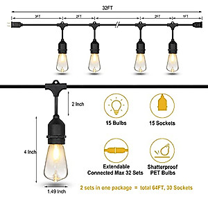 64FT(32FTx2PCS) LED Outdoor String Lights, Waterproof String Lights with 30 ST38 Shatterproof Edison Bulbs,Commercial Grade String Lights,Hanging Outdoor Lights for Patio Backyard Deck Gazebo
