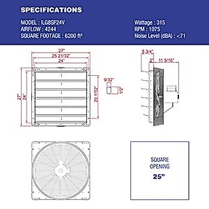 iLiving - 24" Wall Mounted Exhaust Fan - Automatic Shutter - Variable Speed - Vent Fan For Home Attic, Shed, or Garage Ventilation, 4244 CFM, 6200 SQF Coverage Area (Power Cord Not Included)