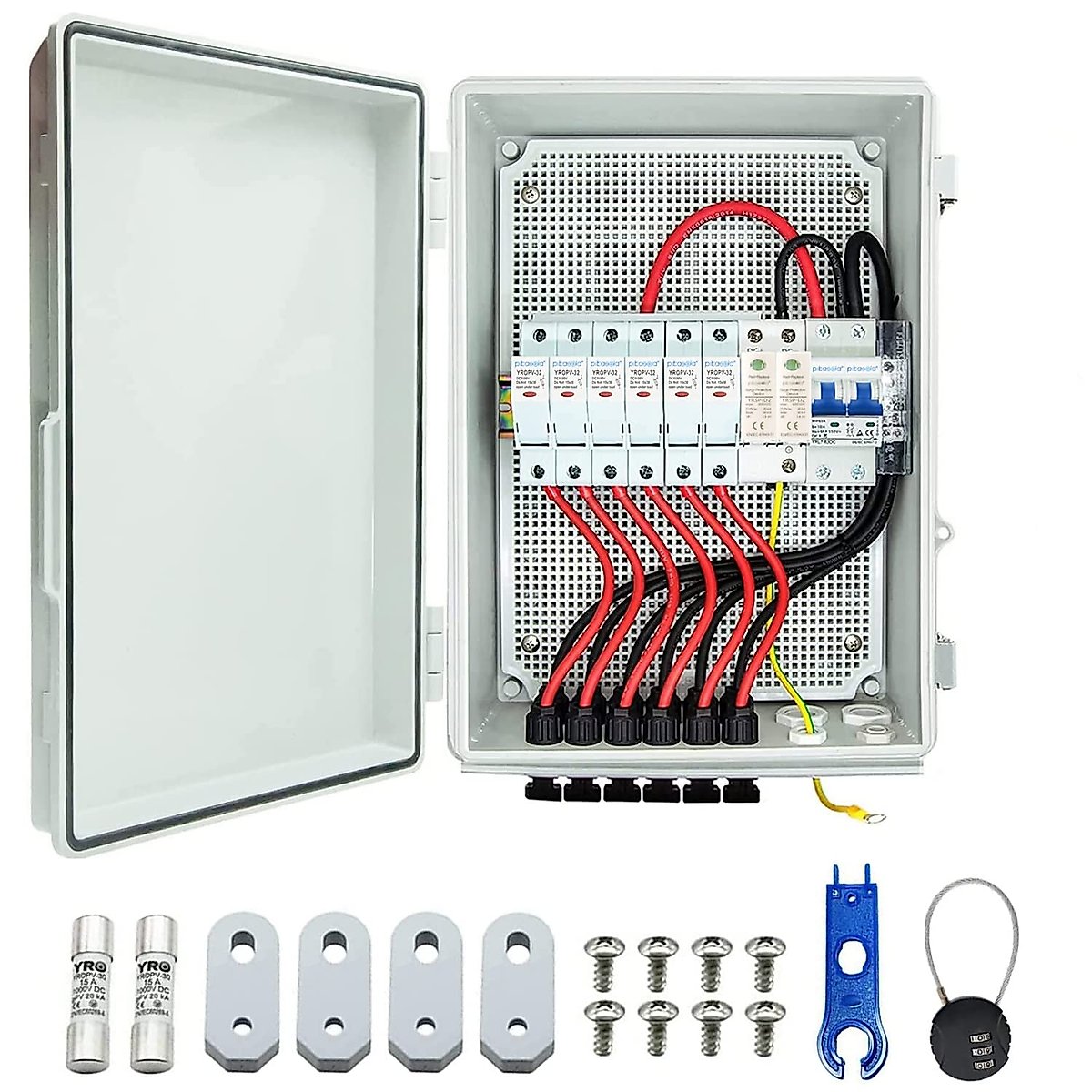 Pikasola PV Combiner Box, 6 String Solar Combiner Box with 15A LED Fuse, Lightning Arreste and 63A Air Circuit Breaker，Combiner Box for Solar Panel On/Off Grid System, IP65 Water Resistant