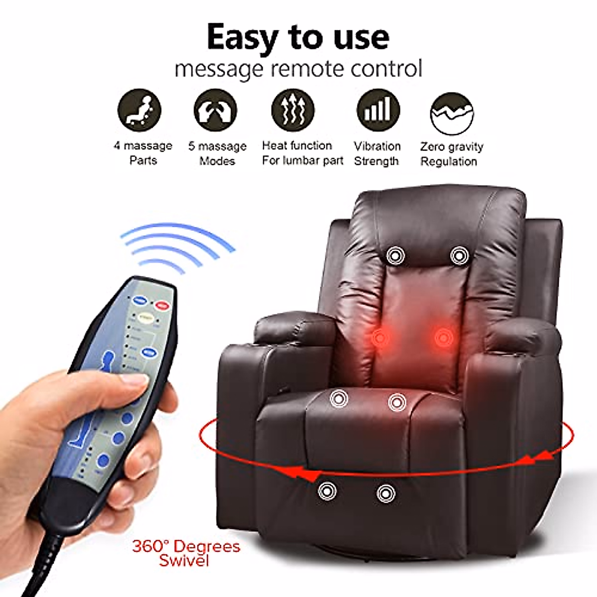 COMHOMA PU Leather Recliner Chair Modern Rocker with Heated Massage Ergonomic Lounge 360 Degree Swivel Single Sofa Seat with Drink Holders Living Room Chair (Brown)