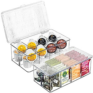Sorbus 2 Pack Tea Bag Organizer Bins w/Lids & 4 Removable Dividers, Clear Plastic Food Packet Snack Organizer, Stackable Pantry Organization, Kitchen Storage, Fridge Bins, Sturdy Cabinet Organizers