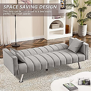 AWQM Sofa Bed, Upholstered Convertible Sofa Bed with 2 Pillows, Modern Sleeper Sofa Couch with Wooden Frame and Metal Legs, Comfortable Velvet Sofa Suitable for Living Room Bedroom Office (Gray)