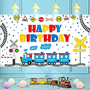Train Theme Happy Birthday Banner Backdrop Train Party Decorations for Boy Girl Kid Train Birthday Party Supplies Railroad Train Crossing Themed Party Backdrop Background Decorations 71 x 44 Inch