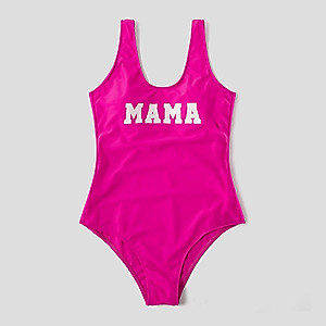 IFFEI Family Matching Swimsuits One Piece Monokini Letter Print Matching Swimwear Mommy and Me Bathing Suits Girls: 6-7 Years Hot Pink