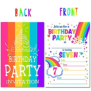 ukebobo Rainbow Greeting Card - 20 Happy Birthday Invitations for Child's 7th Birthday Party with Envelopes