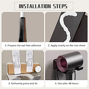 EHERDM Wall Mounted Hair Dryer Holder with Storage Bag Drill-Free Adhesive Blow Dryer Holder Walnut Bathroom Storage Shelf Solid Wood Storage Rack for Home Black