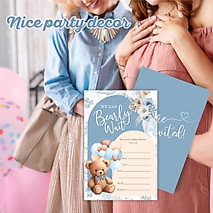 We Can Bearly Wait Baby Shower Invitation, 20 Blue Boho Floral & Bear Balloon Fill-In Invites With Envelopes, For Boys And Girls Baby Announcement, Gender Reveal Party Supplies & Decorations - B03