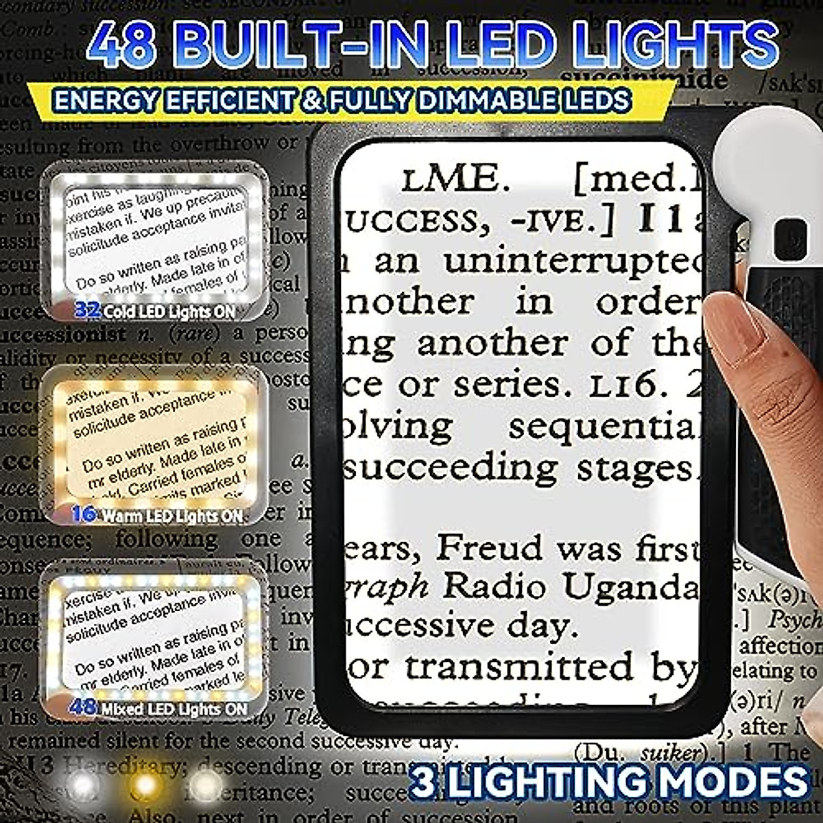 5X Magnifying Glass for Reading, Full-Page Large Rectangle Lighted Magnifier with Dimmable 48 LED Light, Folding Handheld Magnifiers Gifts for Macular Degeneration Seniors Reading Newspaper, Books