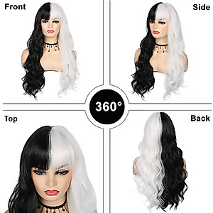 Sallcks Black White Wig Long Curly Wavy Split 2 Tone Wigs With Bangs Synthetic Cosplay Costume Halloween Wigs for Women