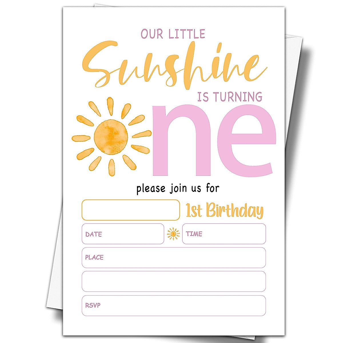 Sunshine 1st Birthday Party Invitations, 20 Invite Cards with Envelopes, 4" x 6" You're My Sunshine Birthday Invites - C10