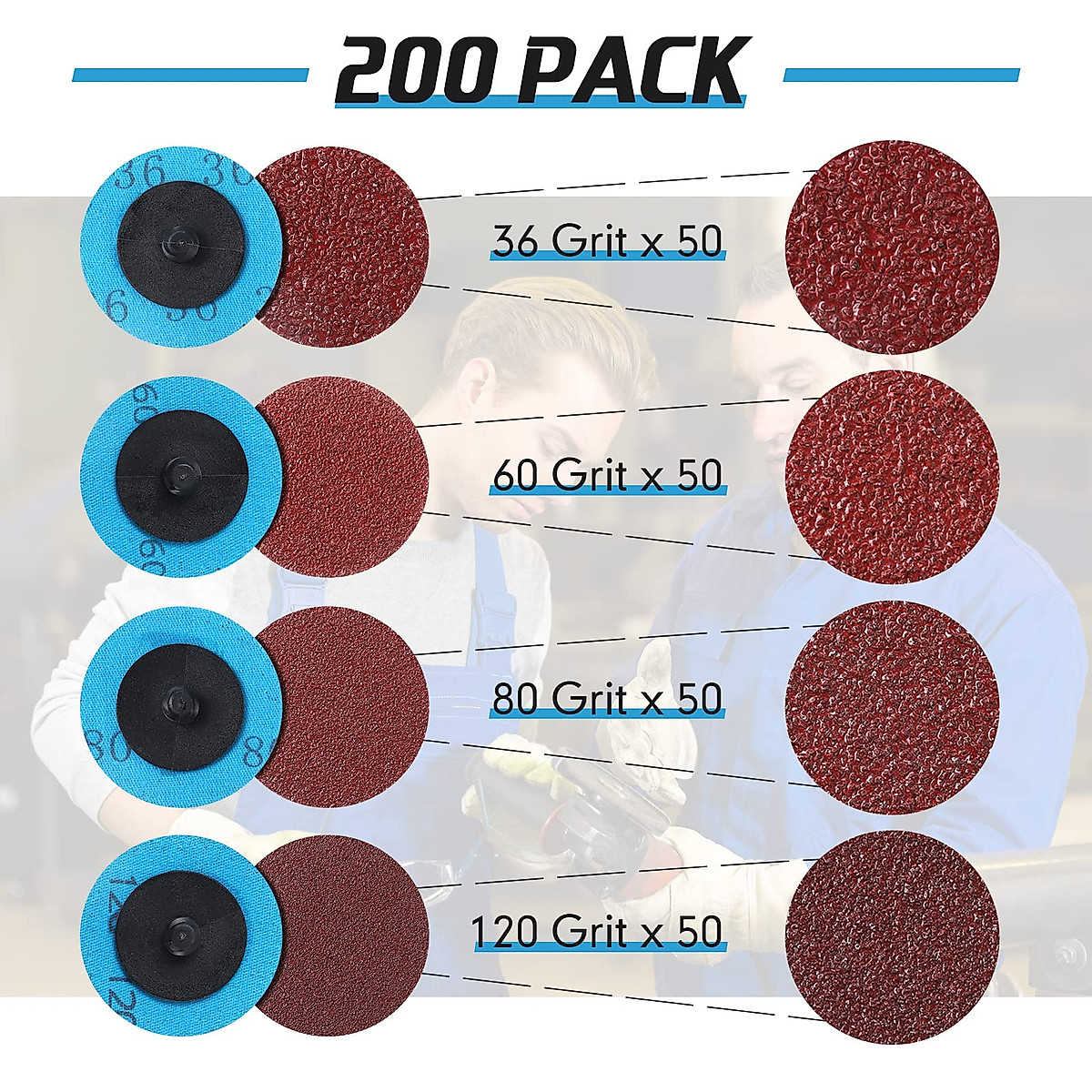 200 Pcs 2 Inch Sanding Discs 36/60/80/120 Grit Discs Aluminum Oxide Coated Die Grinder Accessories for Surface Prep, Grinding Burrs Polishing Finishes Removing Rust Paint