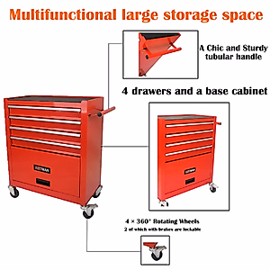 nifoti 4 Drawers Tool Cart on Wheels,Rolling Tool Box Tool Storage， Drawers Rolling Tool Box Organizer Tool Case for Garage, Warehouse, Workshop, Repair Shop (4 Drawers(Red))