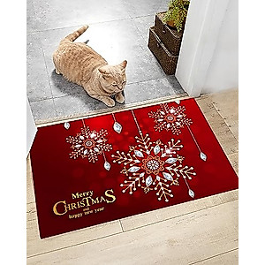 Indoor Doormat Merry Christmas Snowflake Glow Diamonds,Shaggy Floor Mat with Non-Skid Backing Dots Shadow Red Back,Machine Washable Plush Area Rug Carpets for Kitchen Nursery Bedroom