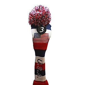 USA Majek Golf Driver 1 3 5 7 X Fairway Woods Headcovers Pom Pom Knit Limited Edition Vintage Classic Traditional Flag Stars Red White Blue Stripes Retro Head Cover Fits 460cc Drivers and 260cc Woods