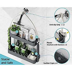 ADOVEL Shower Caddy Hanging, 2 in 1 Shower Caddy Over Shower Head/ Door, Sturdy Bathroom Shelf Organizer with Adjustable Height, Never Rust, No Drilling, 4 Suction Cups (Grey)