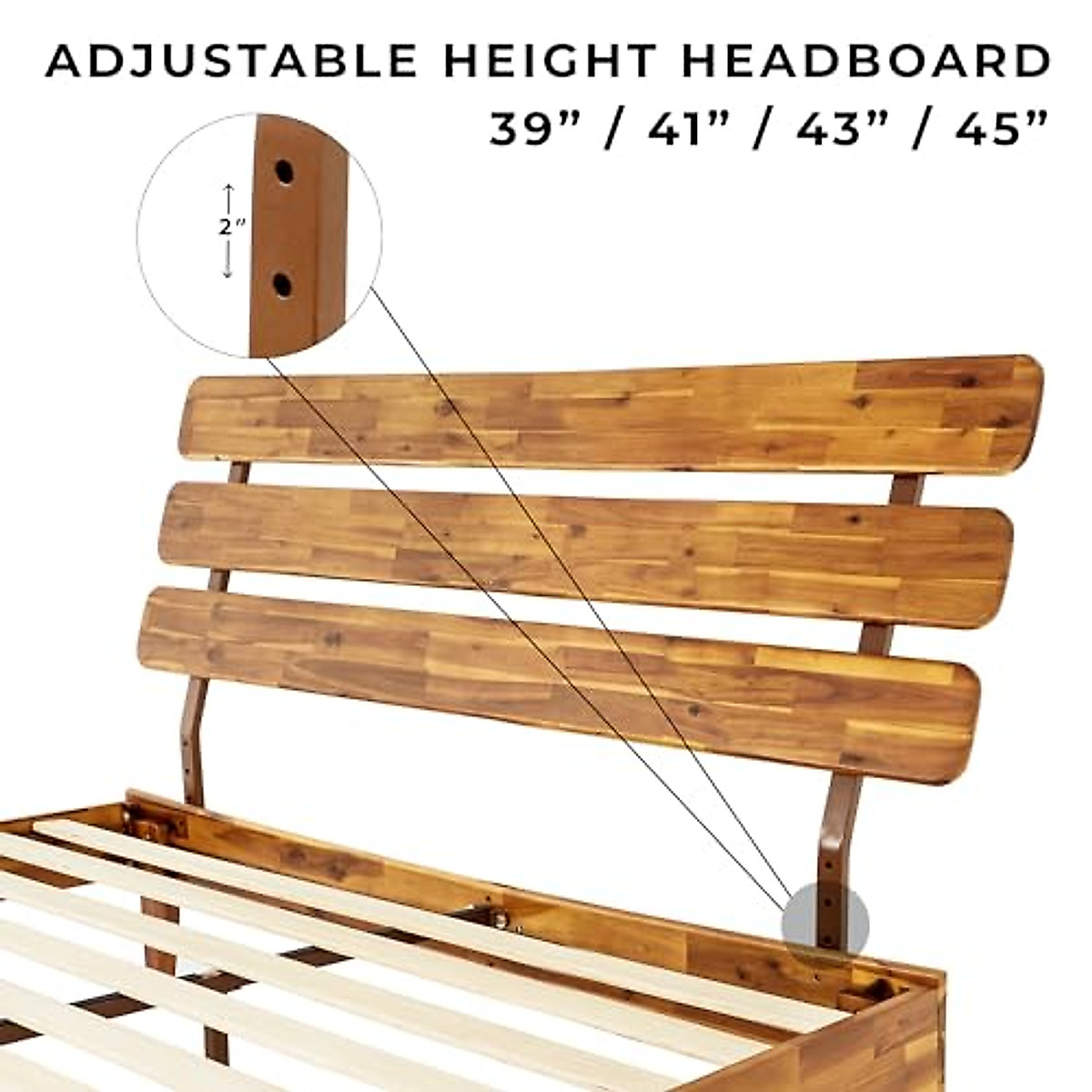 Bme Caden 15 Inch Deluxe Bed Frame with Adjustable Headboard - Mid Century, Retro Style with Acacia Wood - No Box Spring Needed - 12 Strong Wood Slat Support - Easy Assembly - Caramel, Queen