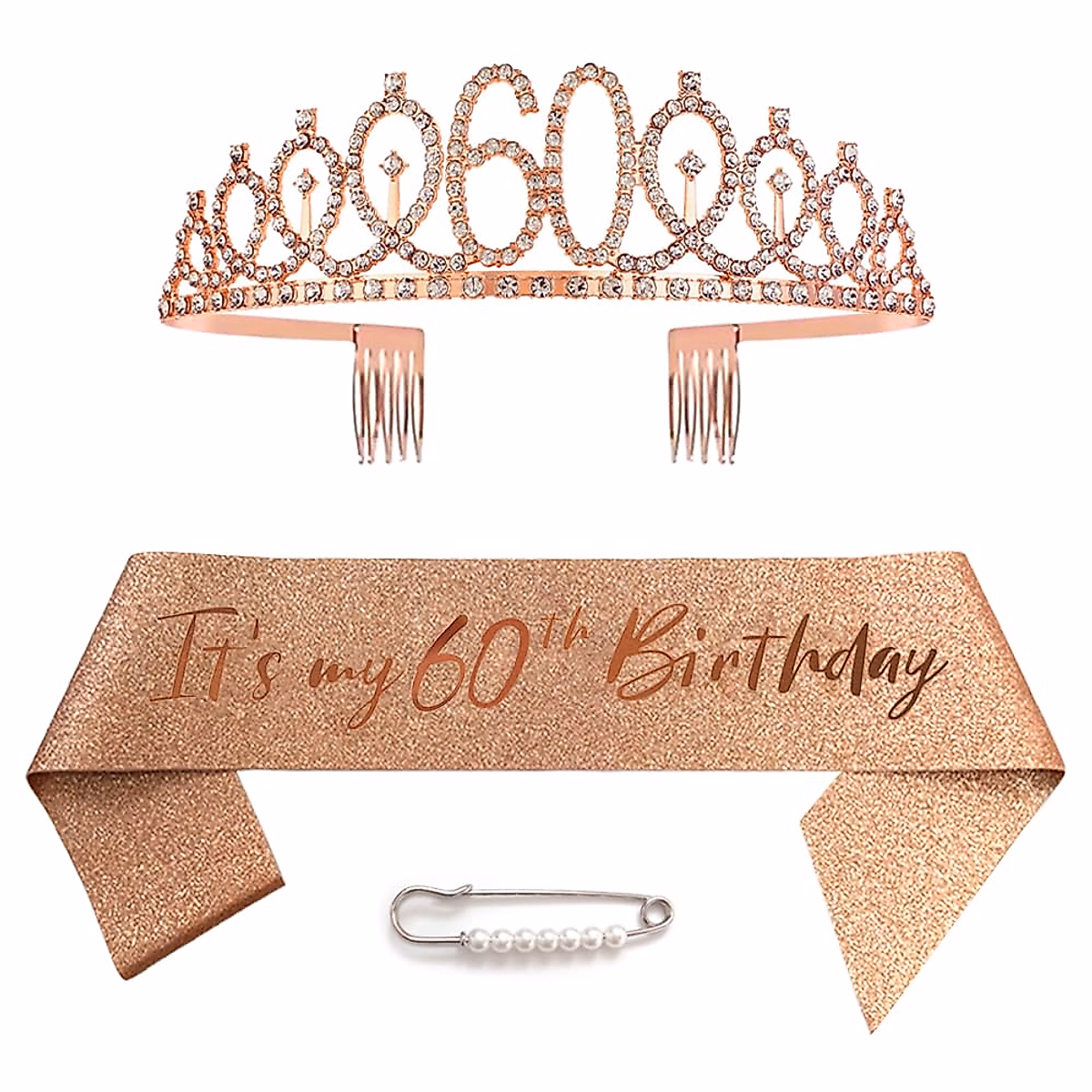 Ceqiny 60th Birthday Sash Tiara and Crowns for Girls, Birthday Queen Rose Gold Tiara, Princess Tiara Rhinestone Headbands with Combs Bridal Wedding Tiaras for Wedding Prom Bridal Party Christmas