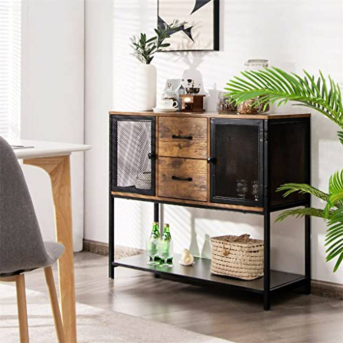 YDXNY Industrial Buffet Sideboard Kitchen Cabinet with Metal Mesh Doors and 2 Drawers