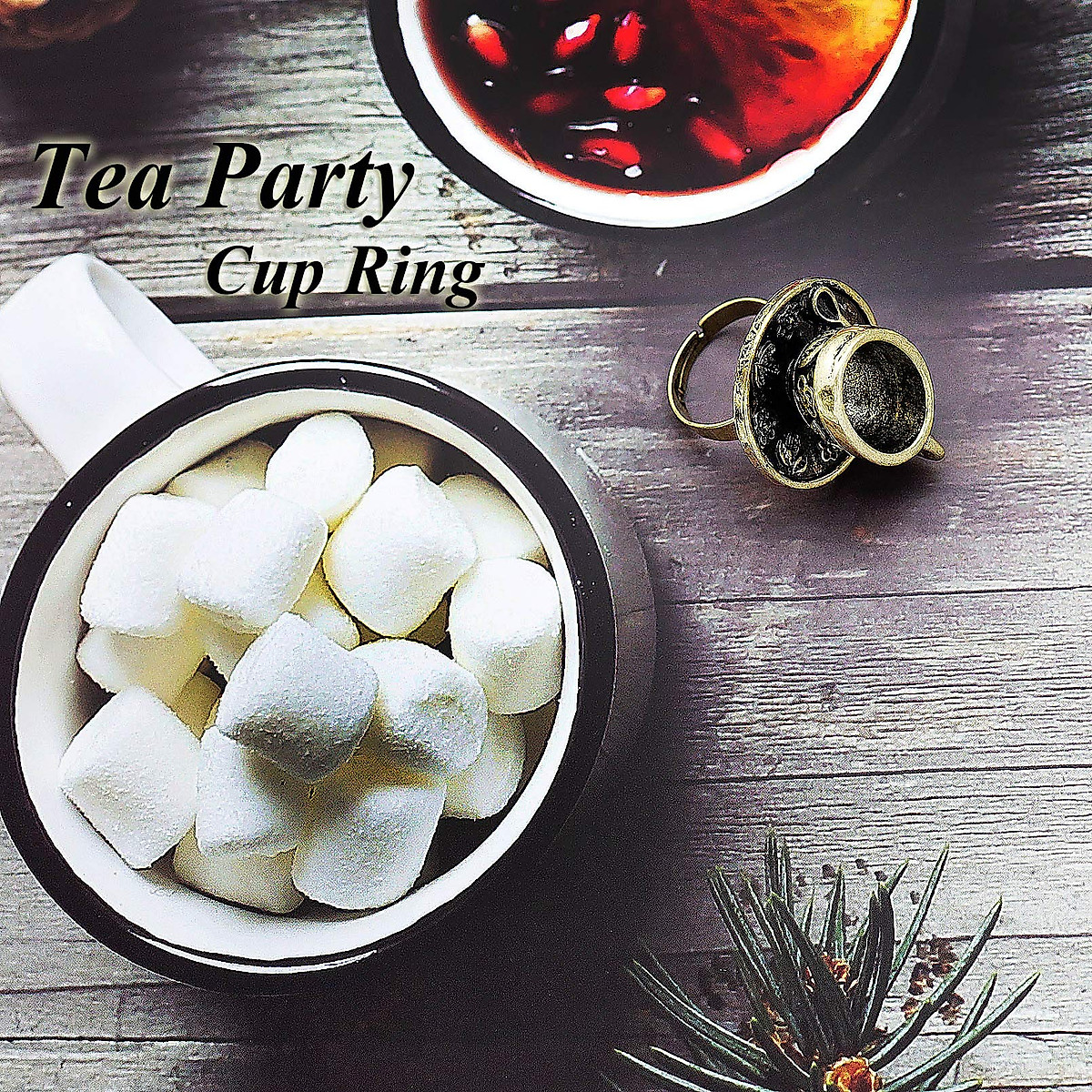 RechicGu Gold Vintage Fairytale 3D Tea Cup Saucer Ring Party Fairy Tale Hatter Wonderland Cosplay Fancy Dress