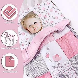 Cloele Elephant Crib Bedding Set for Girls - 3 Piece Standard Size Baby Bedding Set Includes Crib Comforter Fitted Sheet Crib Skirt - Pink Floral Nursery Bedding Set Baby Crib Set for Girls