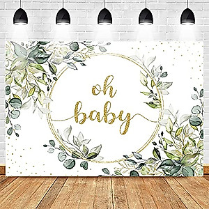 Mocsicka Greenery Baby Shower Backdrop Gold Oh Baby Background Green Eucalyptus Baby Shower Party Cake Table Decoration Banner Photo Booth Props (7x5ft)