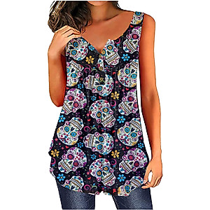 Roshop Halloween Women's Sleeveless Flower Sugar Skull Dead Head Henley Tunic Tops FSK XL