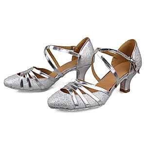 ROGMUJEN Women Latin Ballroom Dance Shoes Silver Tango Salsa Party Dress Dance Heels Shoes Wedding Pumps,Silver,6.5US,ML131