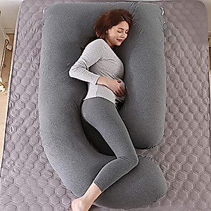 Elover Pregnancy Pillows for Sleeping,U Shaped Full Body Pillow for Pregnancy Women with Removable Jersey Cotton Cover,57 Inch Maternity Pillow(Jersey,Dark Grey)
