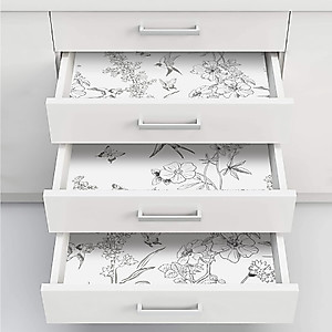 HomKihapai Vintage Wallpaper- Black and White Wallpaper Floral Peel and Stick Wallpaper Modern Bird Wallpaper for Bathroom Waterproof Contact Paper (Black and White, 118"X17.4")