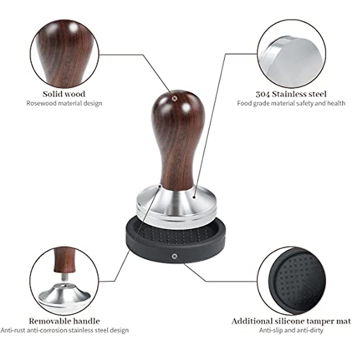 Coffee Tamper Espresso Press with Tamper Mat 304 Stainless Steel Flat Base Wooden Handle for Coffee Grounds Barista Espresso Machines Accessory (51MM)