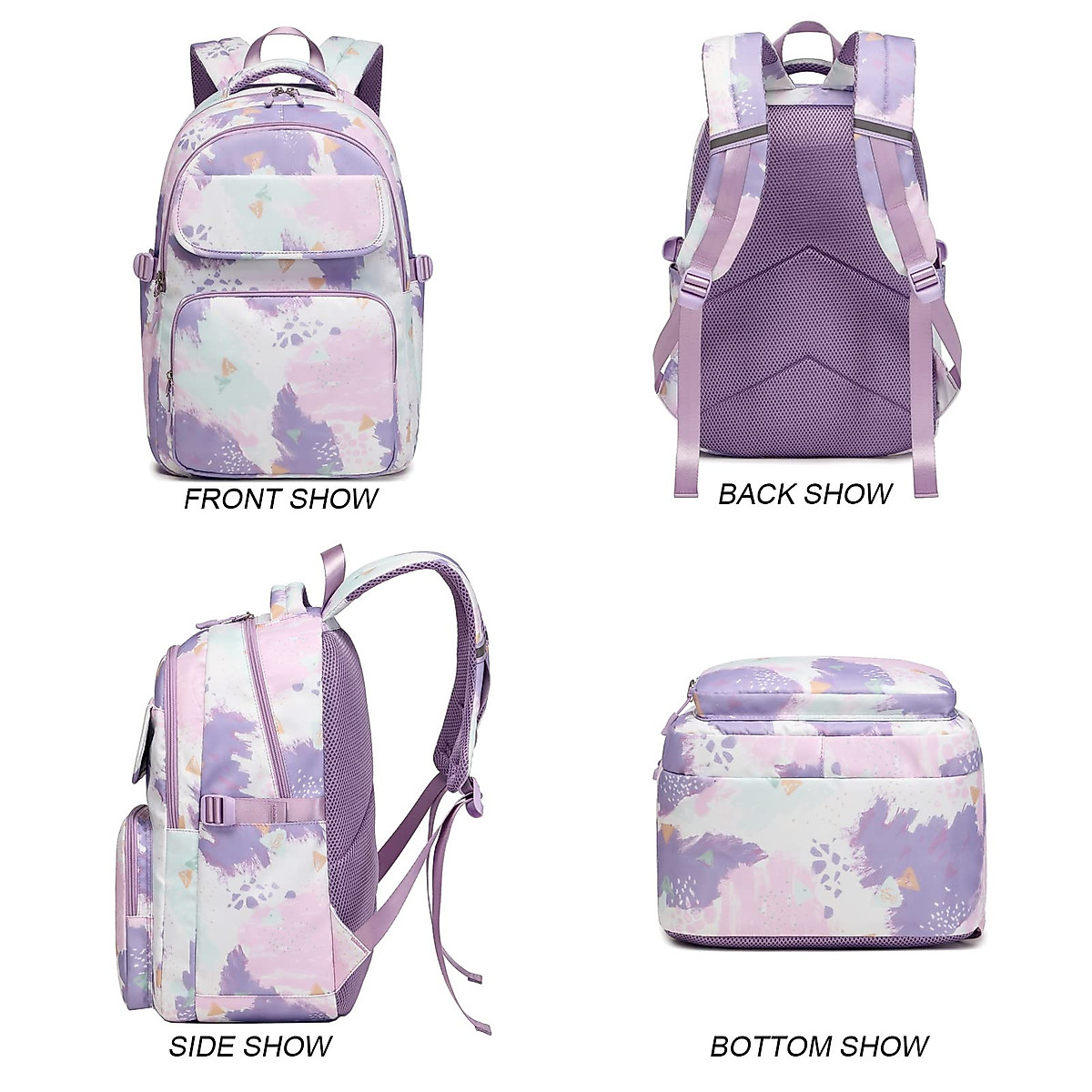 Rexmore Kids Backpack for Girls,3 Pcs Set Elementary Bookbag Waterproof Cute School Bag with Multi Pockets and Compartment,Purple