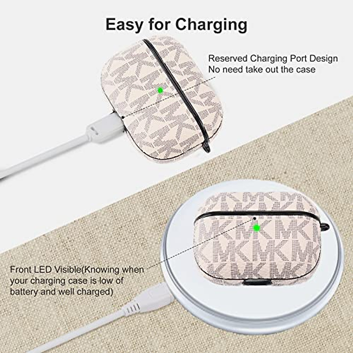 Compatible with AirPods Pro Case Cover with Keychain, Luxury Full-Body Hard Shell Leather Airpods Pro Protective Cover Case for AirPods Pro Wireless Charging Case (Front LED Visible)