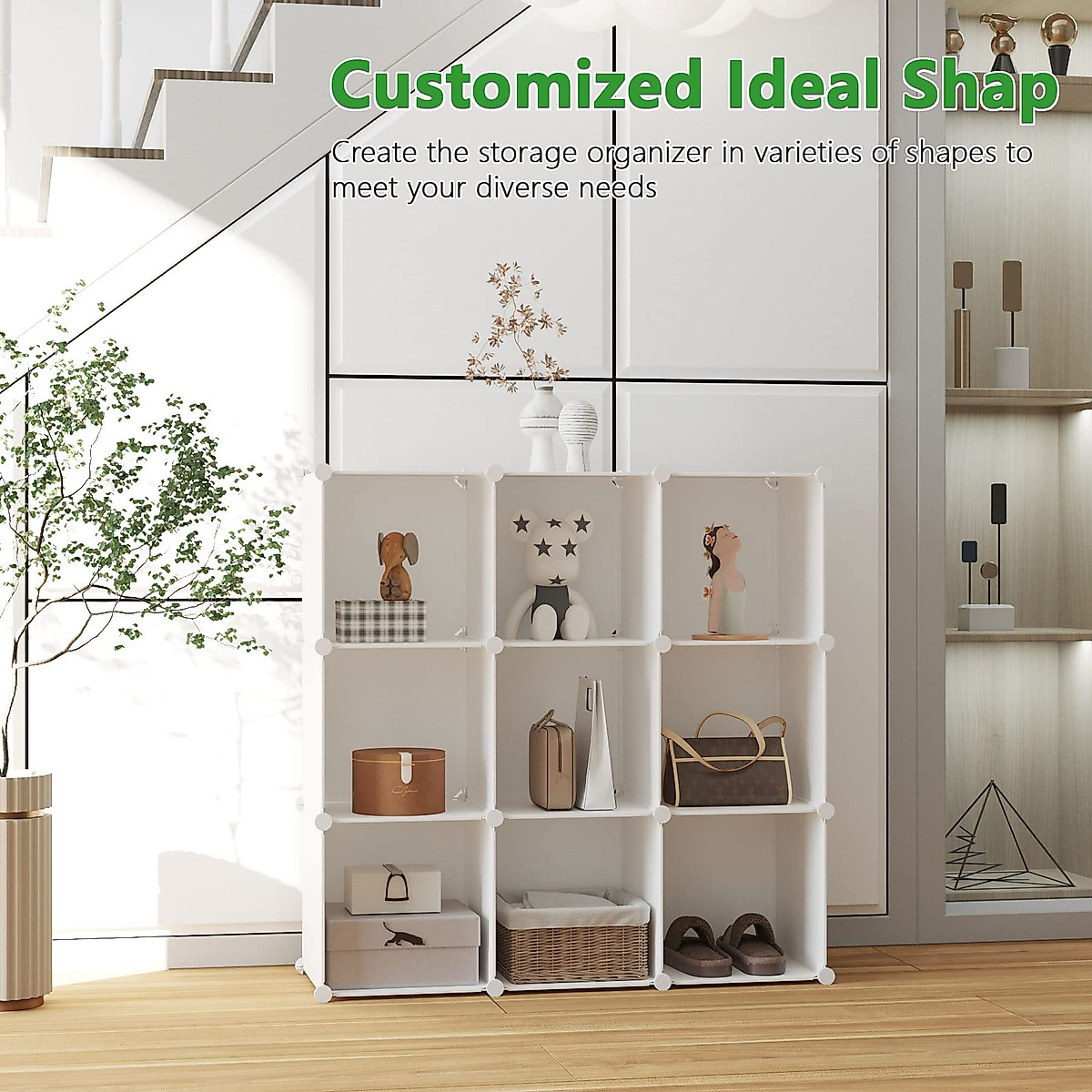 C&AHOME Cube Storage, 9-Cube Bookshelf, Plastic Closet Cabinet Organizer, DIY Stackable Bookcase, Modular Shelving Units Ideal for Home, Office, Kids Room, 36.6" L x 12.4" W x 48.4" H Milky UPCS09M