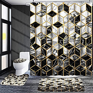 4 Pcs Bathroom Shower Curtain Set, Honeycomb Marble Bathroom Sets with Rugs(Bath Mat,U Shape and Toilet Lid Cover Mat) and 12 Durable Hooks