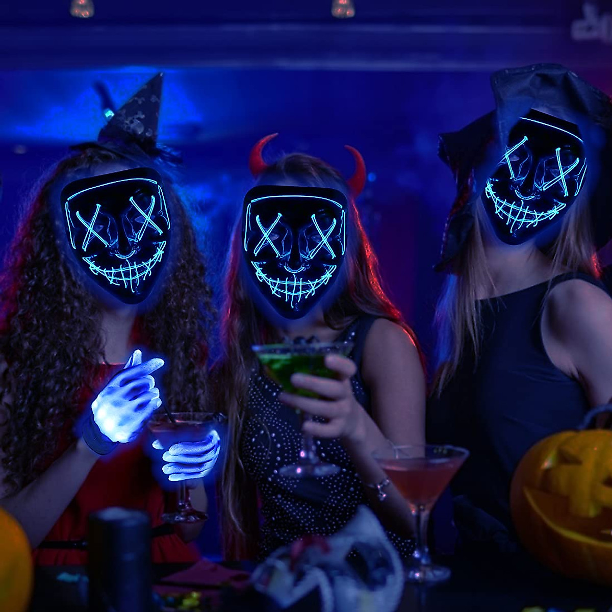 Max Fun Halloween Mask Glowing Gloves for Halloween Costume Cosplay Light Up Scary Masks with 3 Lighting Modes Cosplay Lighted Face Masks for Halloween Parties Masquerade Party(Blue)