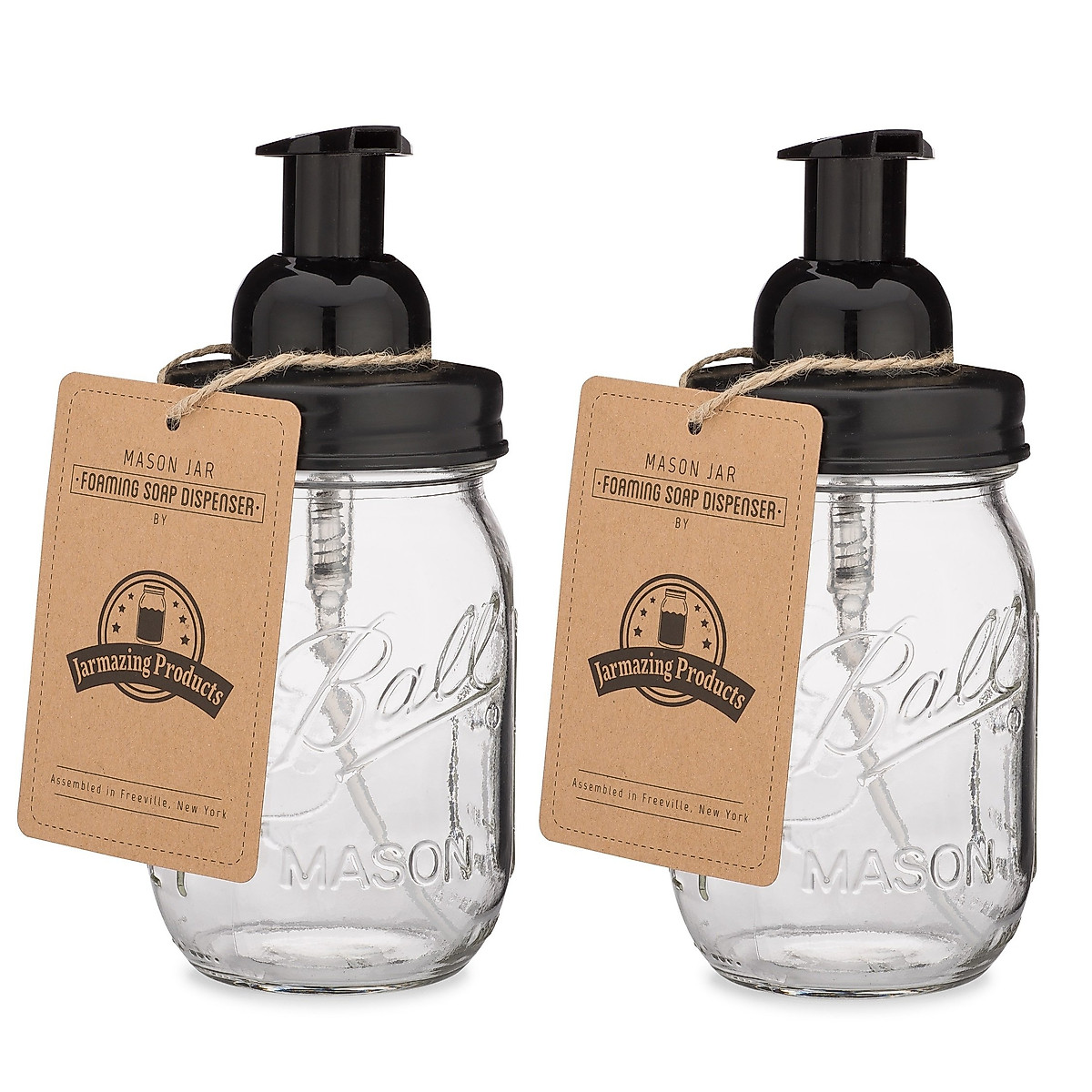 Jarmazing Products Mason Jar Foaming Soap Dispenser - Black - with 16 Ounce Ball Mason Jar - Two Pack!