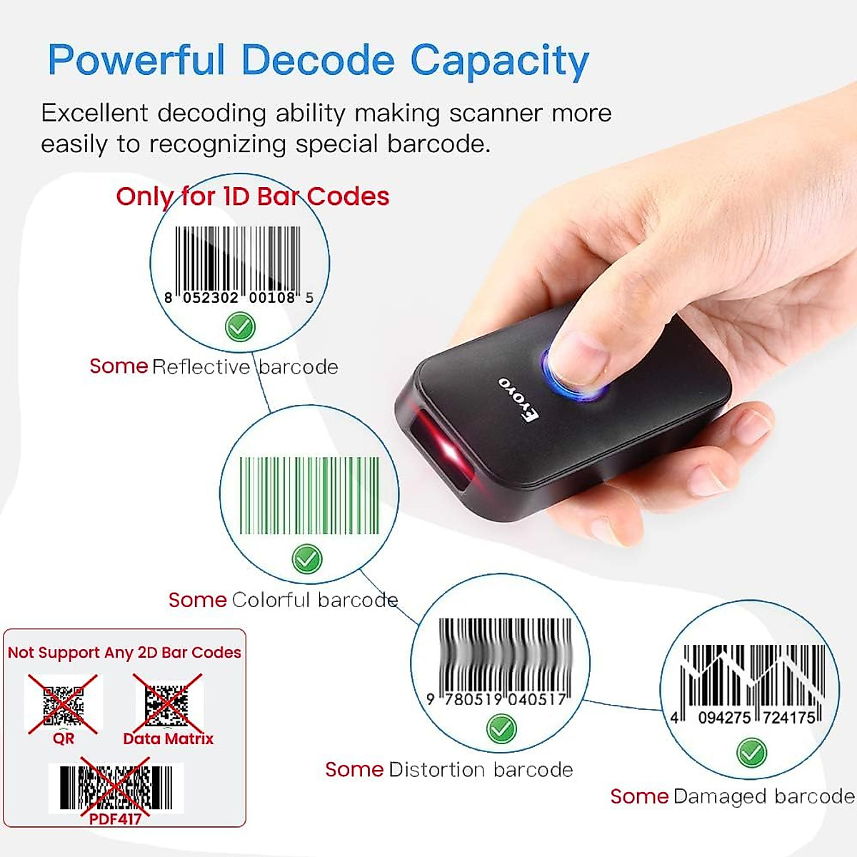 Eyoyo Mini 1D Bluetooth Barcode Scanner, 3-in-1 Bluetooth & USB Wired & 2.4G Wireless Barcode Reader Portable Bar Code Scanning Work with Windows, Android, iOS, Tablets or Computers